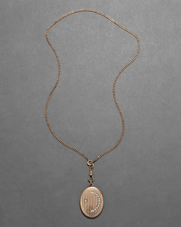 Alexis Bittar Antique Victorian Late 1800s 14k Fill & Paste Crystal Moon Locket Pendant Necklace - Gold