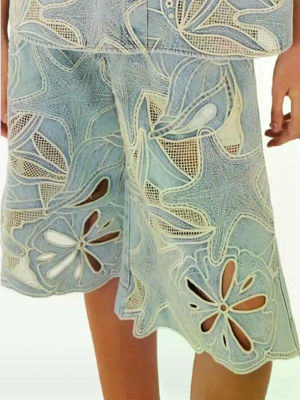 Farm Rio Denim Sea Desire Embroidered Bermuda Shorts - Blue