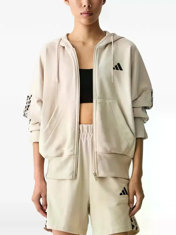 Adidas Seasonal Essentials Animal-print 3-stripes Full-zip Hooded Track Top - Neutrals