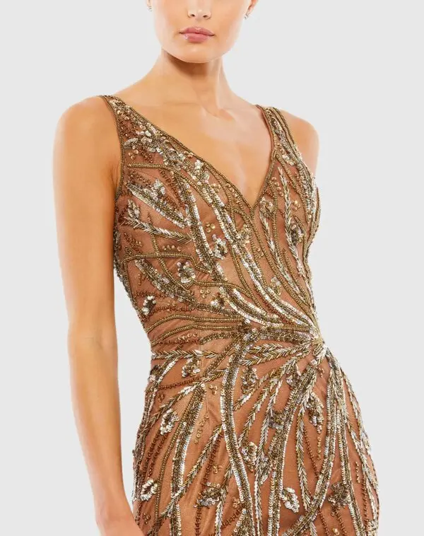 Mac Duggal Embellished Sleeveless V-neck Gown With Thigh-high Slit