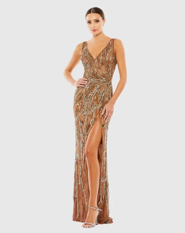 Mac Duggal Embellished Sleeveless V-neck Gown With Thigh-high Slit