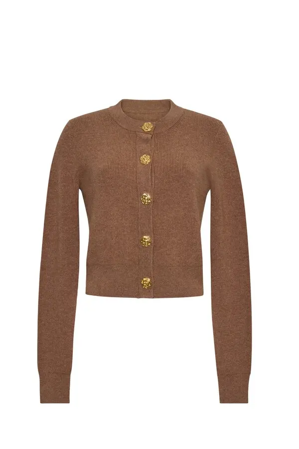 Cara Cara Ellery Cardigan With Gold Floral Buttons - Camel Heather