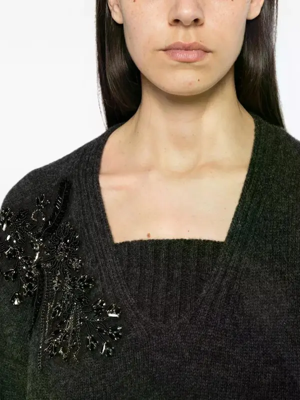 ERMANNO FIRENZE Beaded Embellished V-neck Sweater
