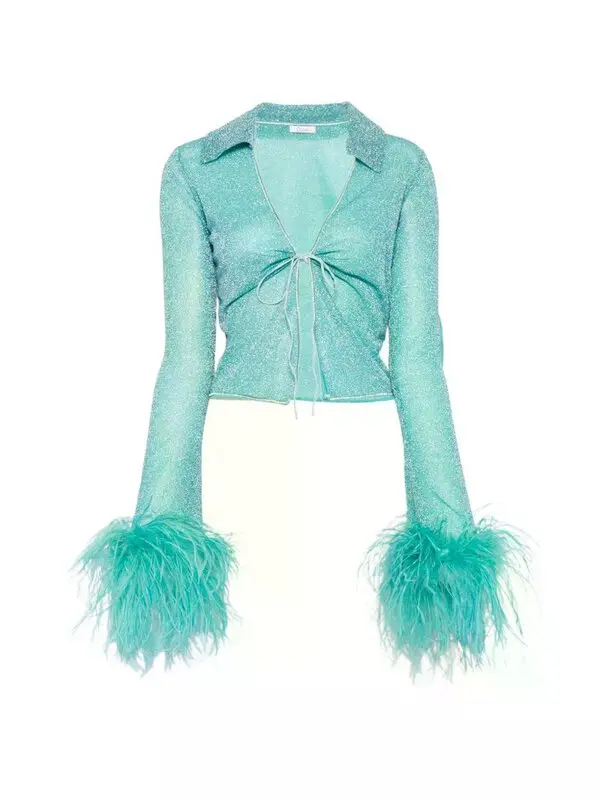 Oseree Lumiere Plumage Slim Shirt With Feather Trim - Blue