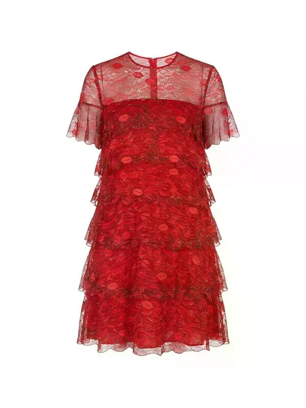 Valentino Garavani Lips-pattern Tiered Dress - Red