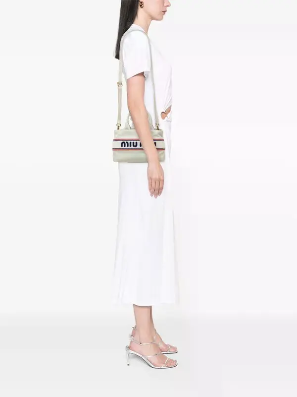 Miu Miu 2010-2026 Cotton Trimmed Embroidered Canvas Logo Convertible Tote Satchel - White