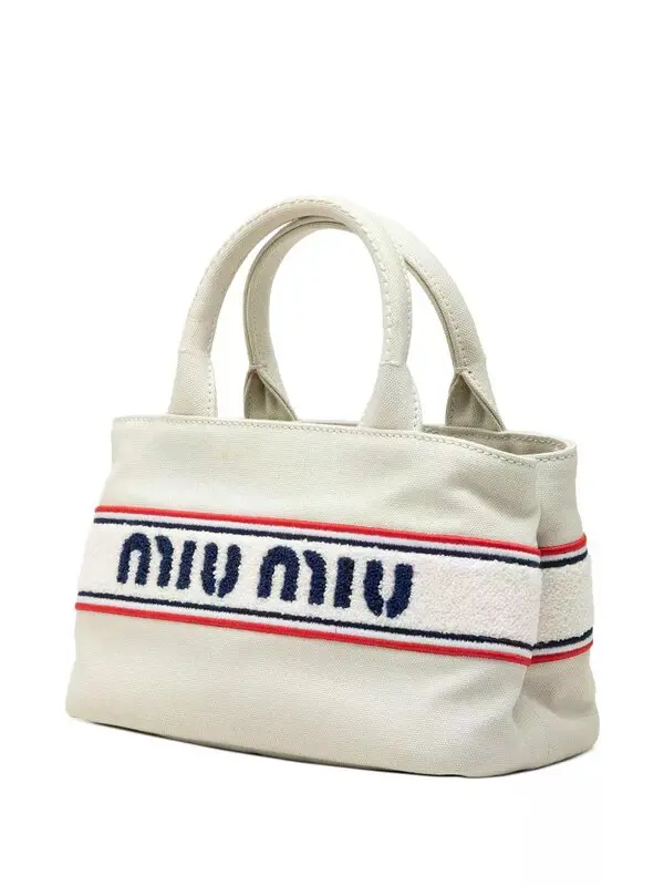 Miu Miu Cotton Trimmed Embroidered Canvas Convertible Tote Satchel - White