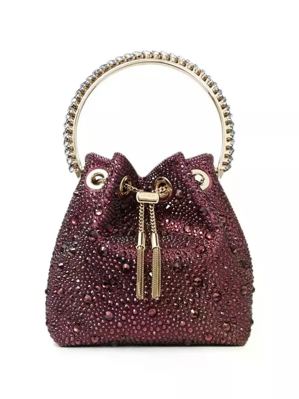 JIMMY CHOO Bon Bon Deep Merlot And Crystal Hotfix Bucket Bag With Crystal Handle - Red