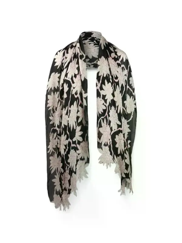 Valentino Garavani Floral-print Frayed Scarf - Black