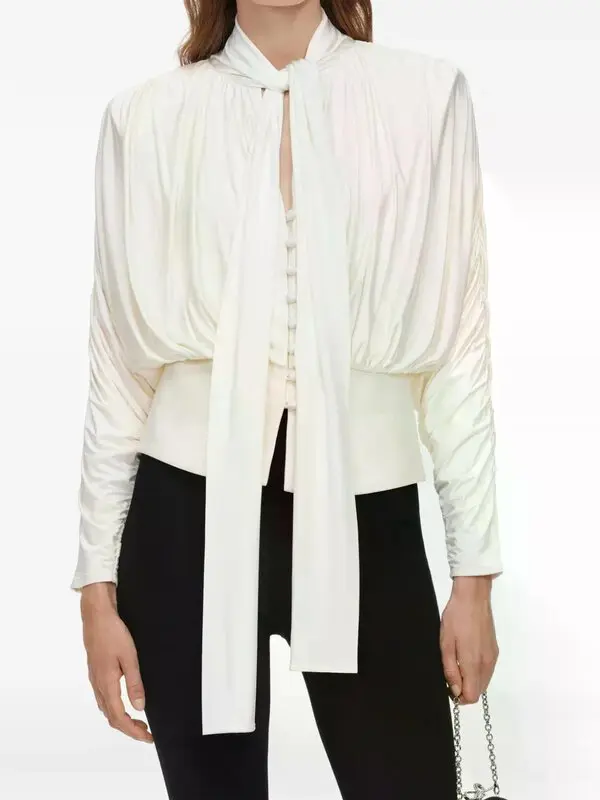 SELF-PORTRAIT Cream Tie-neck Jersey Top With Pussy Bow Detail - White