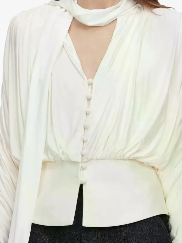 SELF-PORTRAIT Cream Tie-neck Jersey Top With Pussy Bow Detail - White