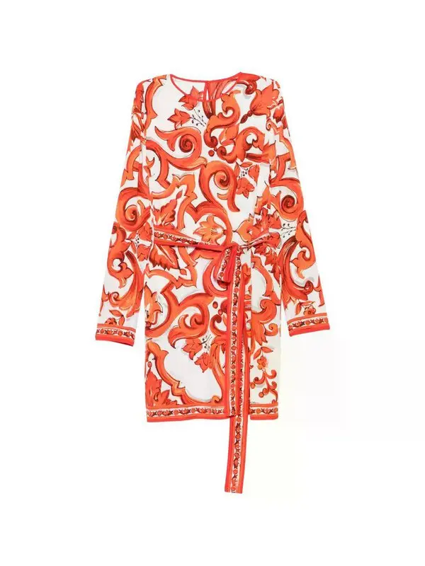 Dolce & Gabbana Baroque Print Belted Mini Dress - White