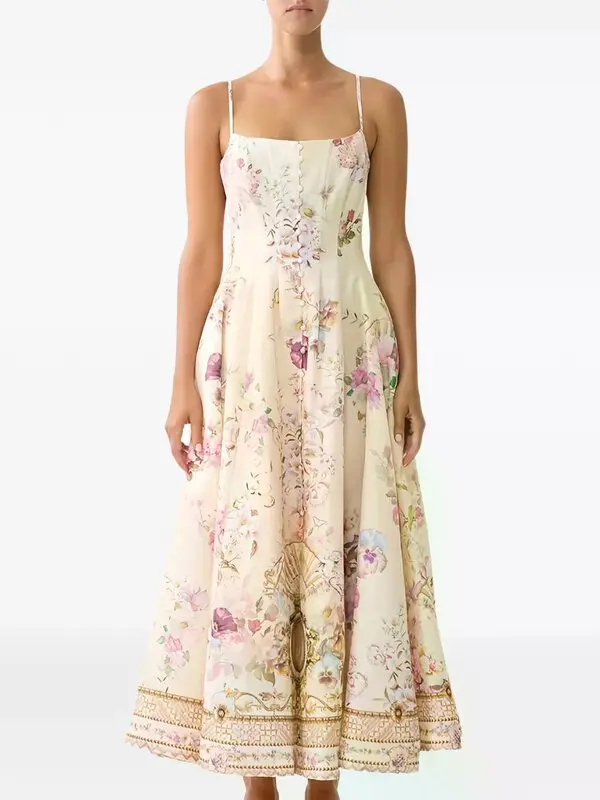 Camilla Adorned In Aranjuez Floral-print Corset Maxi Dress - Pink