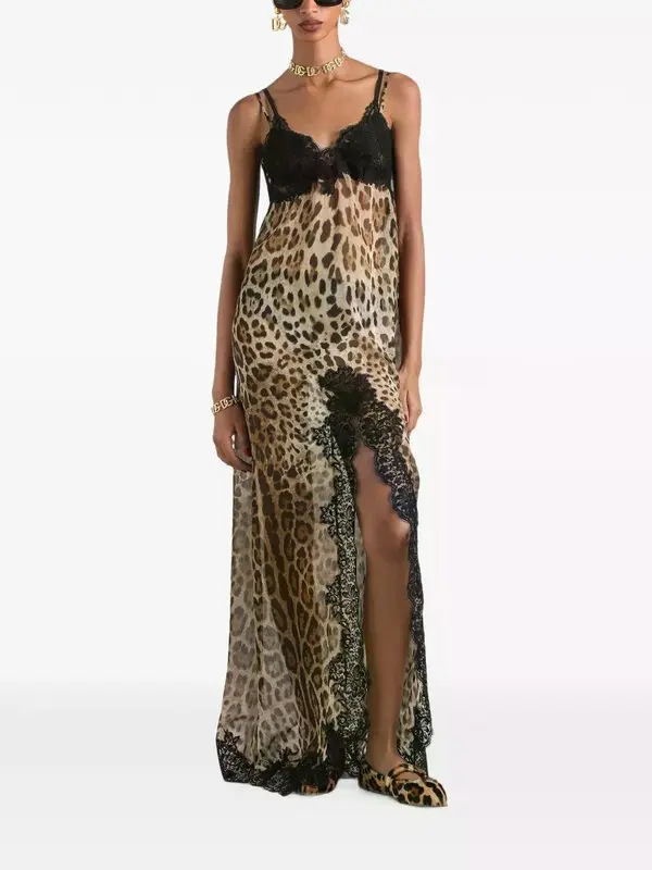 Dolce & Gabbana Leopard Print Chiffon Maxi Slip Dress With Lace Embellishments