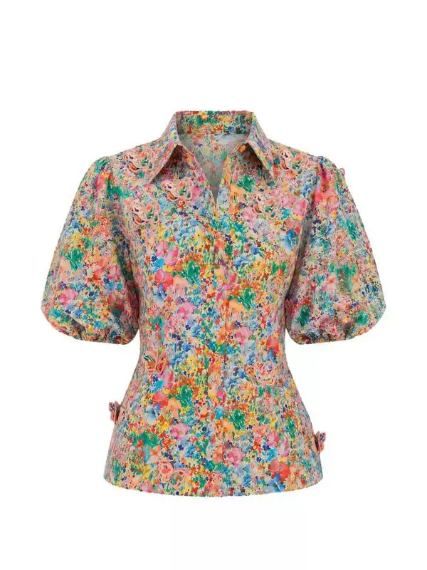 Farm Rio Butterfly-appliqué Floral-print Blouse