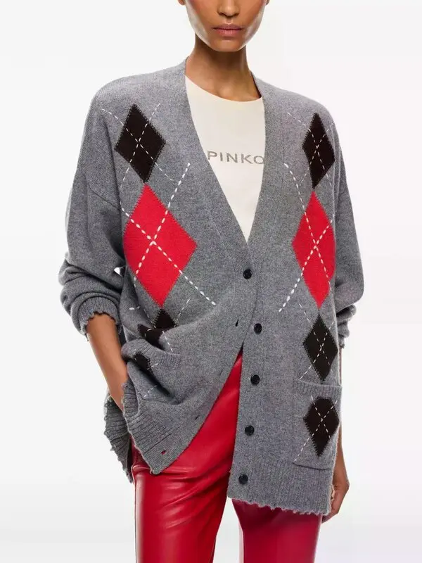 Pinko Argyle Pattern Distressed Cardigan - Grey