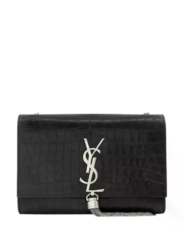 Saint Laurent 2010-2026 Small Croc Embossed Leather Monogram Kate Tassel Crossbody Bag - Black