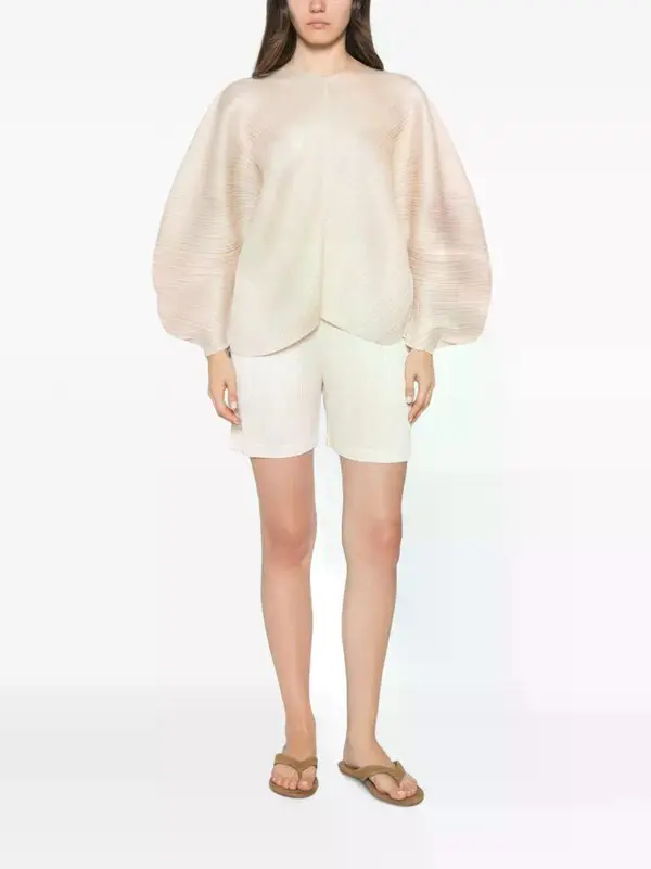 Issey Miyake Pleated Balloon Sleeve V-neck Blouse - Neutrals