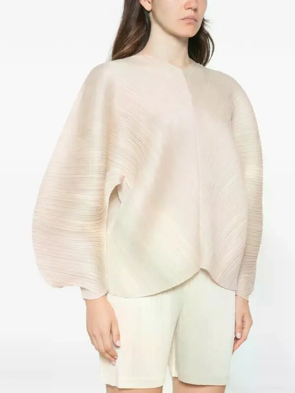 Issey Miyake Pleated Balloon Sleeve V-neck Blouse - Neutrals
