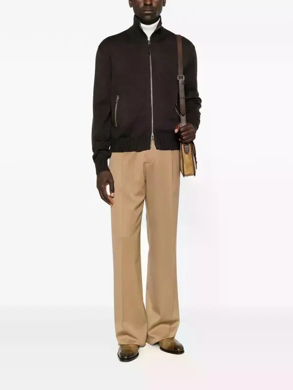 TOM FORD Leather-patch Zip-up Cardigan - Brown