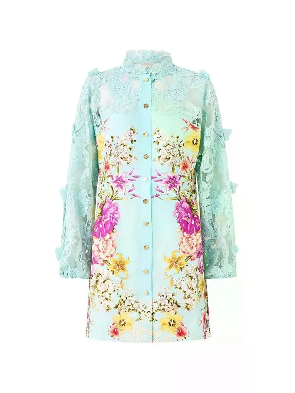 Camilla Lace-sleeve Mini Dress - Blue