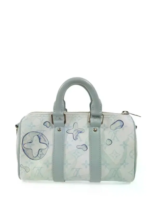 LOUIS VUITTON 25 Keepall Bandoulière Monogram Aqua Garden Tote Bag - White