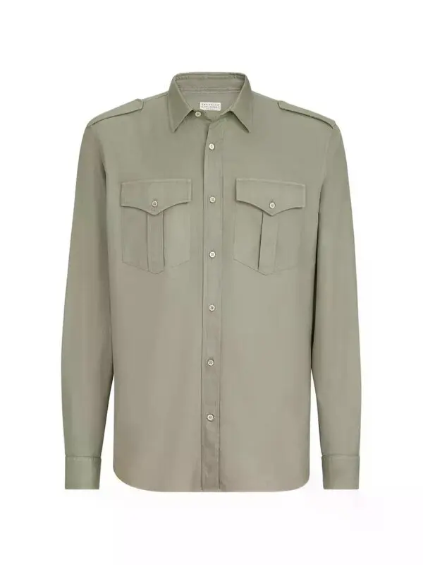 Brunello Cucinelli Garment-dyed Cotton Chevron Shirt With Spread Collar And Epaulettes - Green