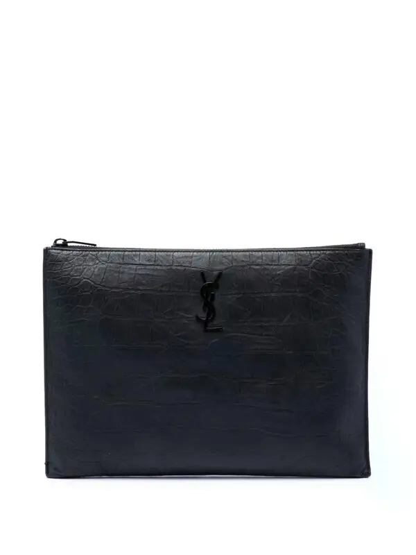 Saint Laurent 2021 Croc Embossed Leather Monogram Document Holder Clutch Bag