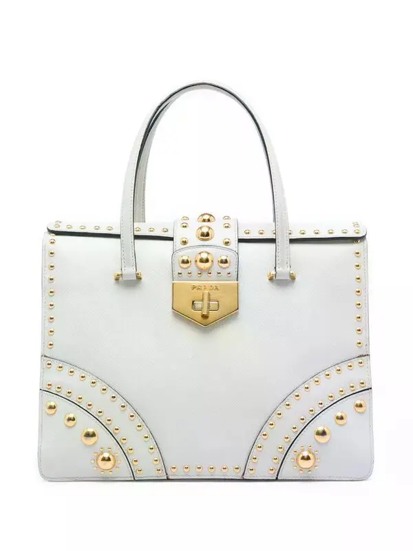 Prada 2010-2026 Studded Saffiano Turnlock Handbag - White