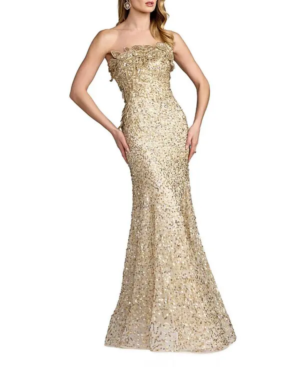 Mac Duggal Strapless Beaded 3d Floral Trumpet Gown