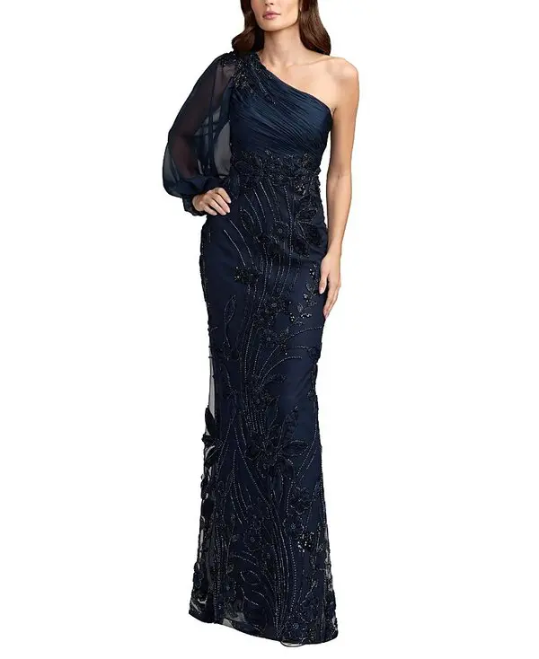 Mac Duggal Petite One Sleeve Chiffon Embellished Gown - Navy