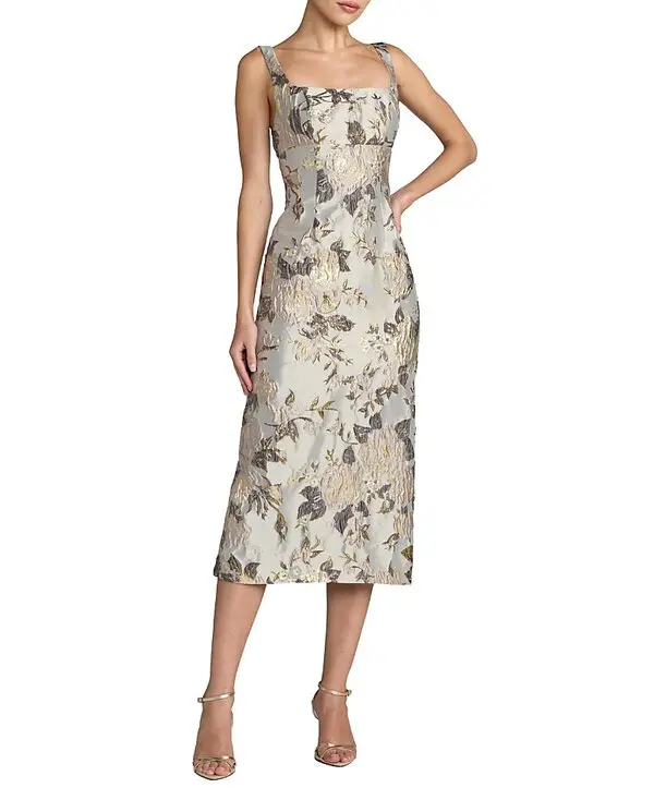 Mac Duggal Floral Square Neck Midi Dress - Platinum Multi