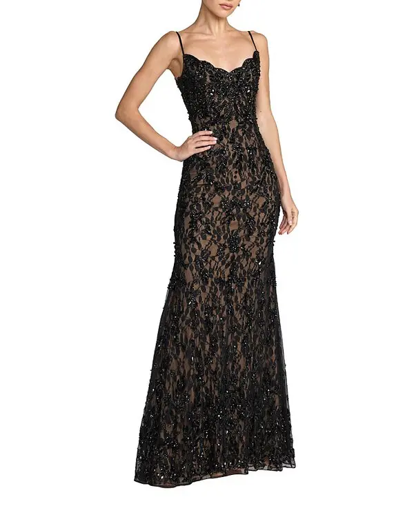 Mac Duggal Beaded Lace Spaghetti Strap Mermaid Gown - Black Nude