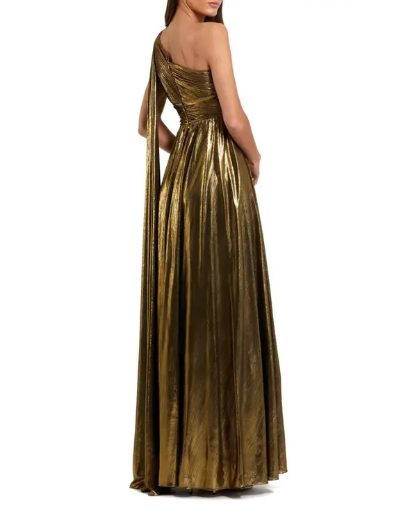 Mac Duggal One Shoulder Metallic Stretch Gown With Draped Sash And Slit