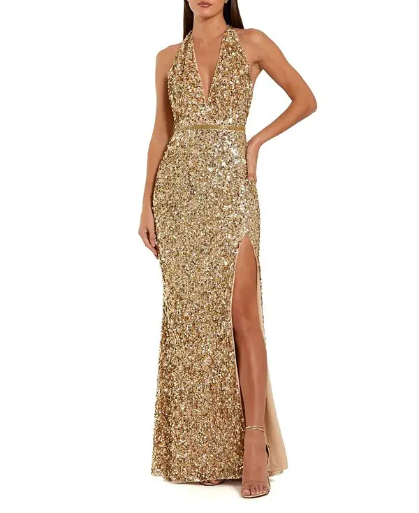 Mac Duggal Sequined Halter Thigh-high Slit Gown