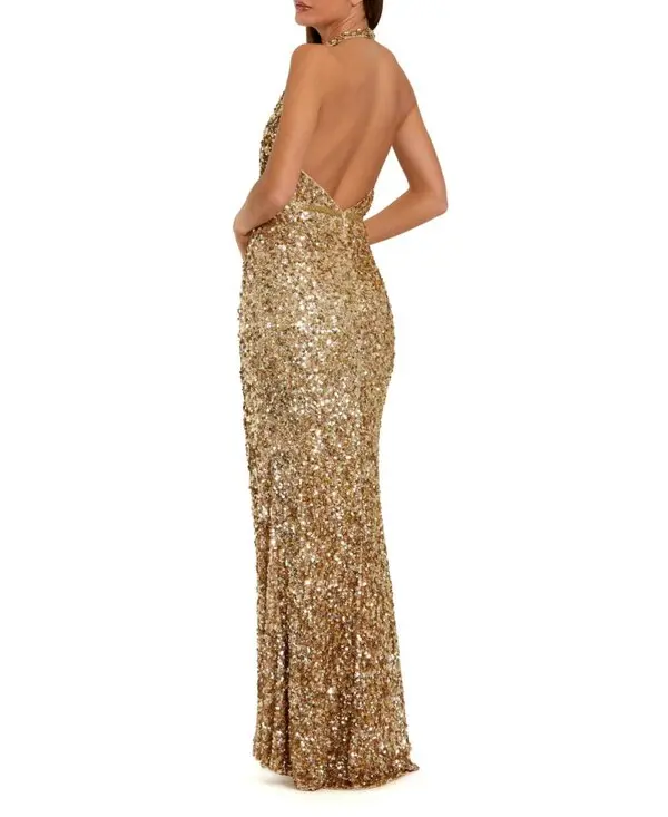 Mac Duggal Sequined Halter Thigh-high Slit Gown