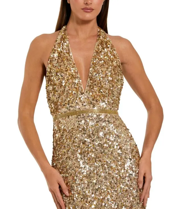 Mac Duggal Sequined Halter Thigh-high Slit Gown