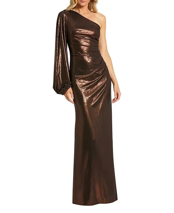 Mac Duggal One Shoulder Long Sleeve Metallic Gown - Chocolate