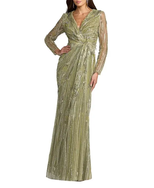 Mac Duggal Hand-embellished V-neck Column Gown