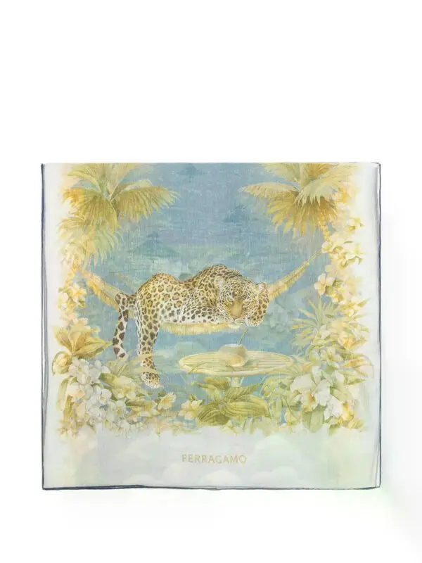 FERRAGAMO Floral-print Leopard-motif Scarf - Blue