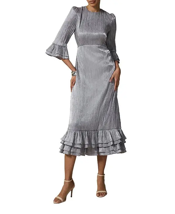 Mint Velvet Metallic Ruffle Sleeve Midi Dress - Silver