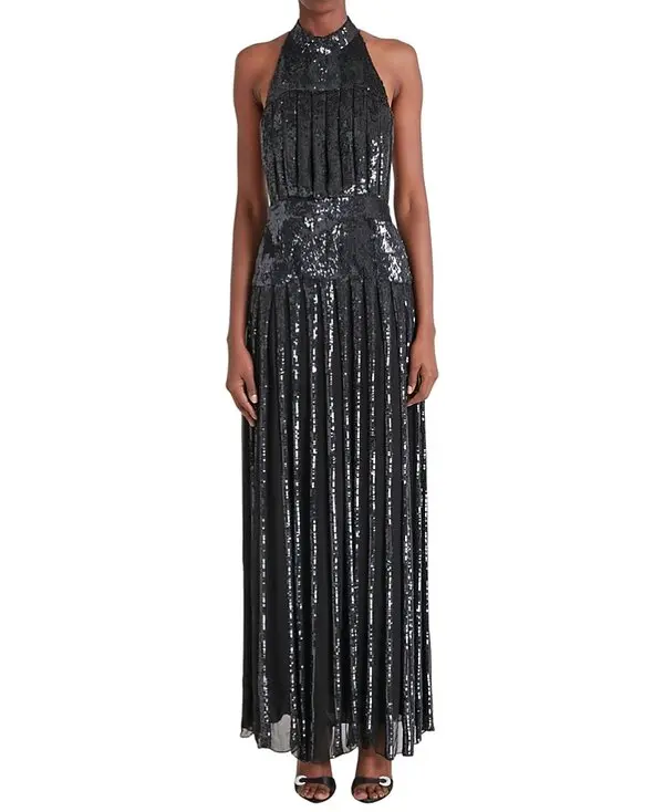TEMPERLEY LONDON Filigree Sequin Halterneck Maxi Dress - Black