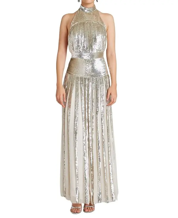 TEMPERLEY LONDON Filigree Sequin Halterneck Maxi Dress - Silver