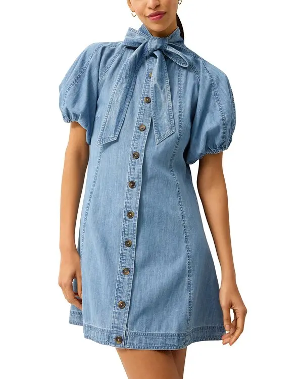 MARIE OLIVER Esther Denim Dress With Puff Sleeves