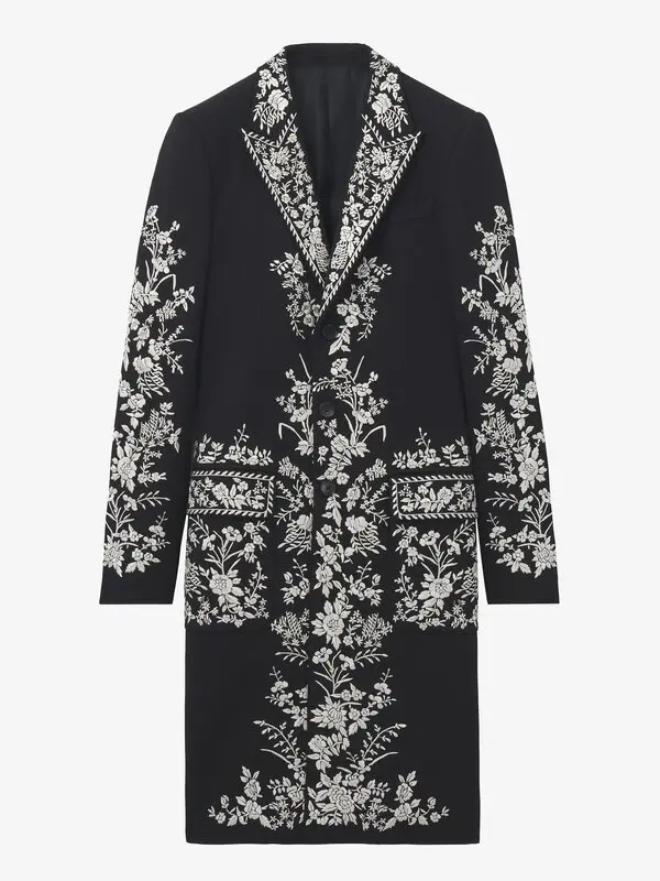 Alexander McQueen Floral Embroidery Long Coat - Black