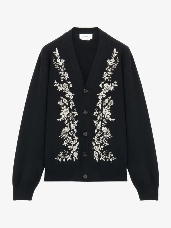 Alexander McQueen Floral Embroidered V-neck Cardigan - Black/ivory