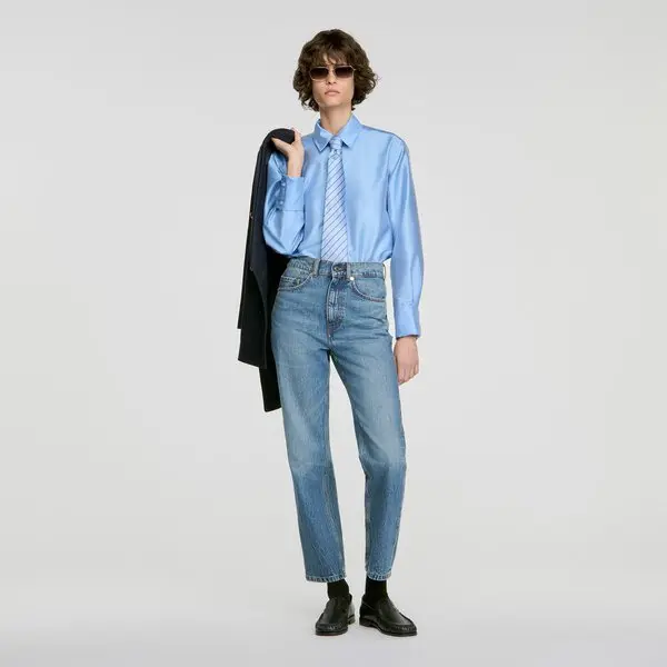 Sandro Embellished Collar Satin Shirt - Sky Blue