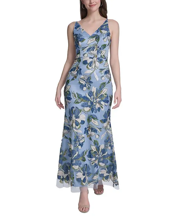 Eliza J V-neck Mermaid Gown With Floral Print And Embellishments