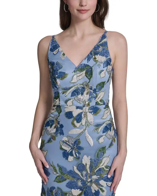 Eliza J V-neck Mermaid Gown With Floral Print And Embellishments