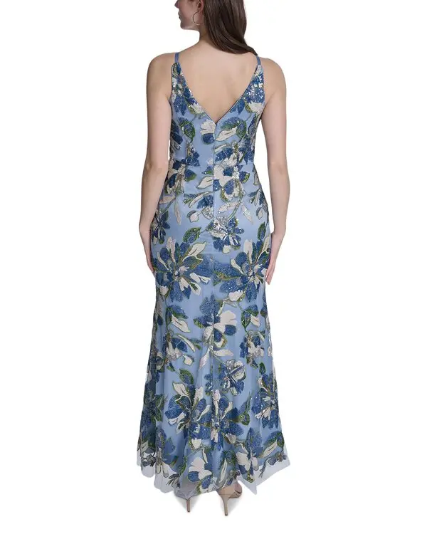 Eliza J V-neck Mermaid Gown With Floral Print And Embellishments